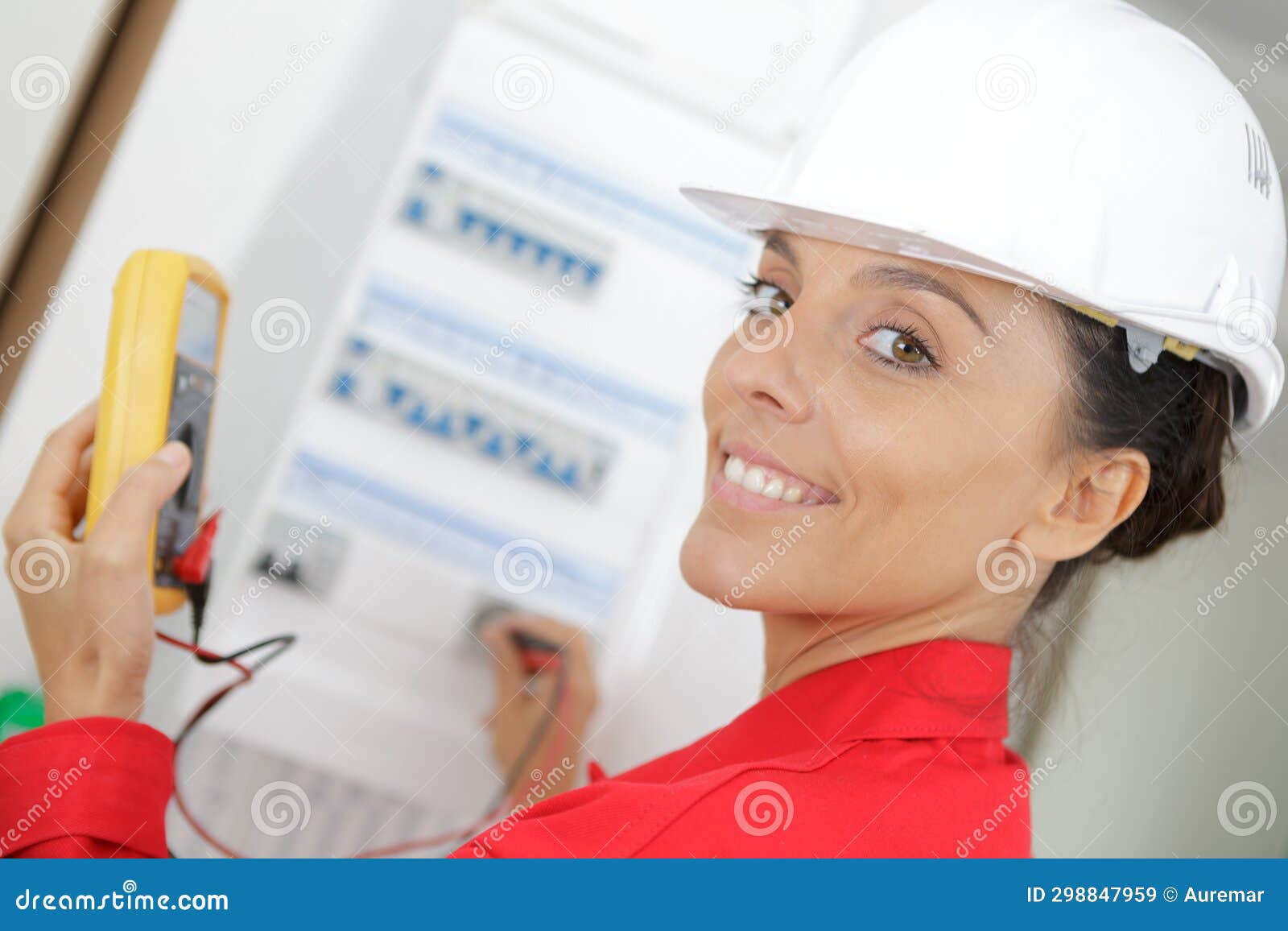 Portrait Female Electrician Using Multimeter Stock Image - Image of ...