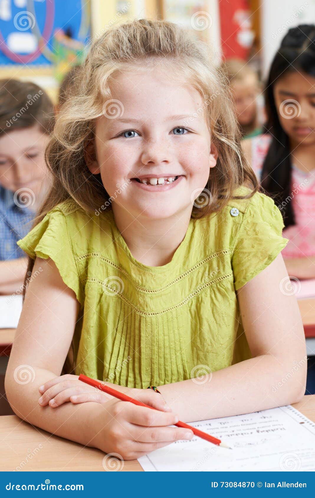 Portrait of Female Elementary School Pupil Working at Desk Stock Photo ...