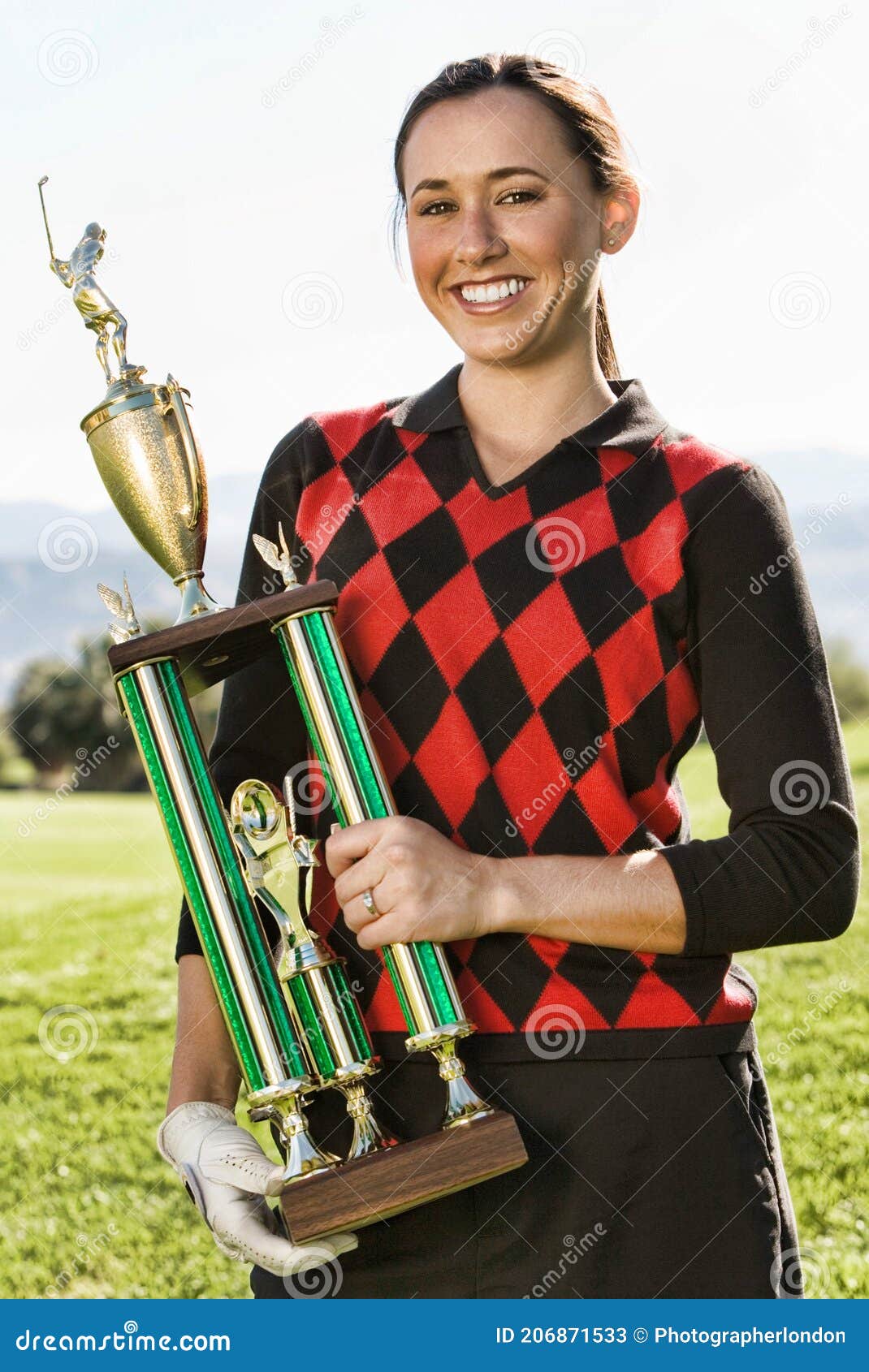 Portrait of Female Golf Champion Holding Trophy Stock Image - Image of ...