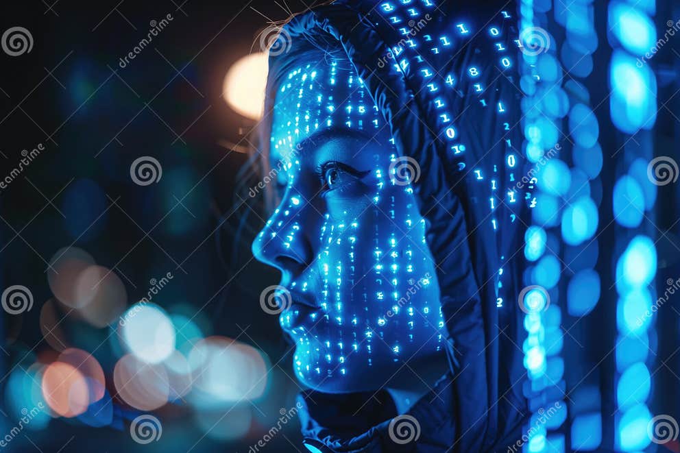 Portrait of Female Hacker with LED Lights and Digital Code Overlay on ...