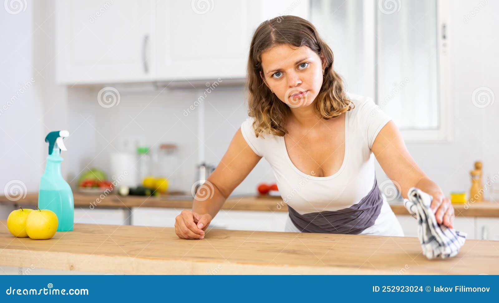 Portrait of Female Houseworker Dusting Kitchen Surfaces Stock Photo ...