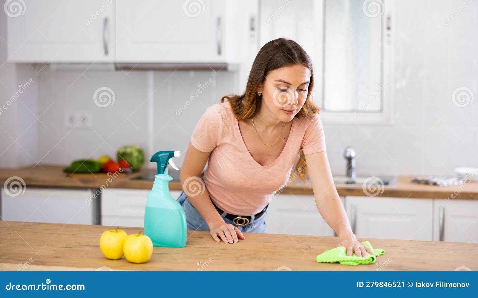 Portrait of Female Houseworker Dusting Kitchen Surfaces Stock Image ...