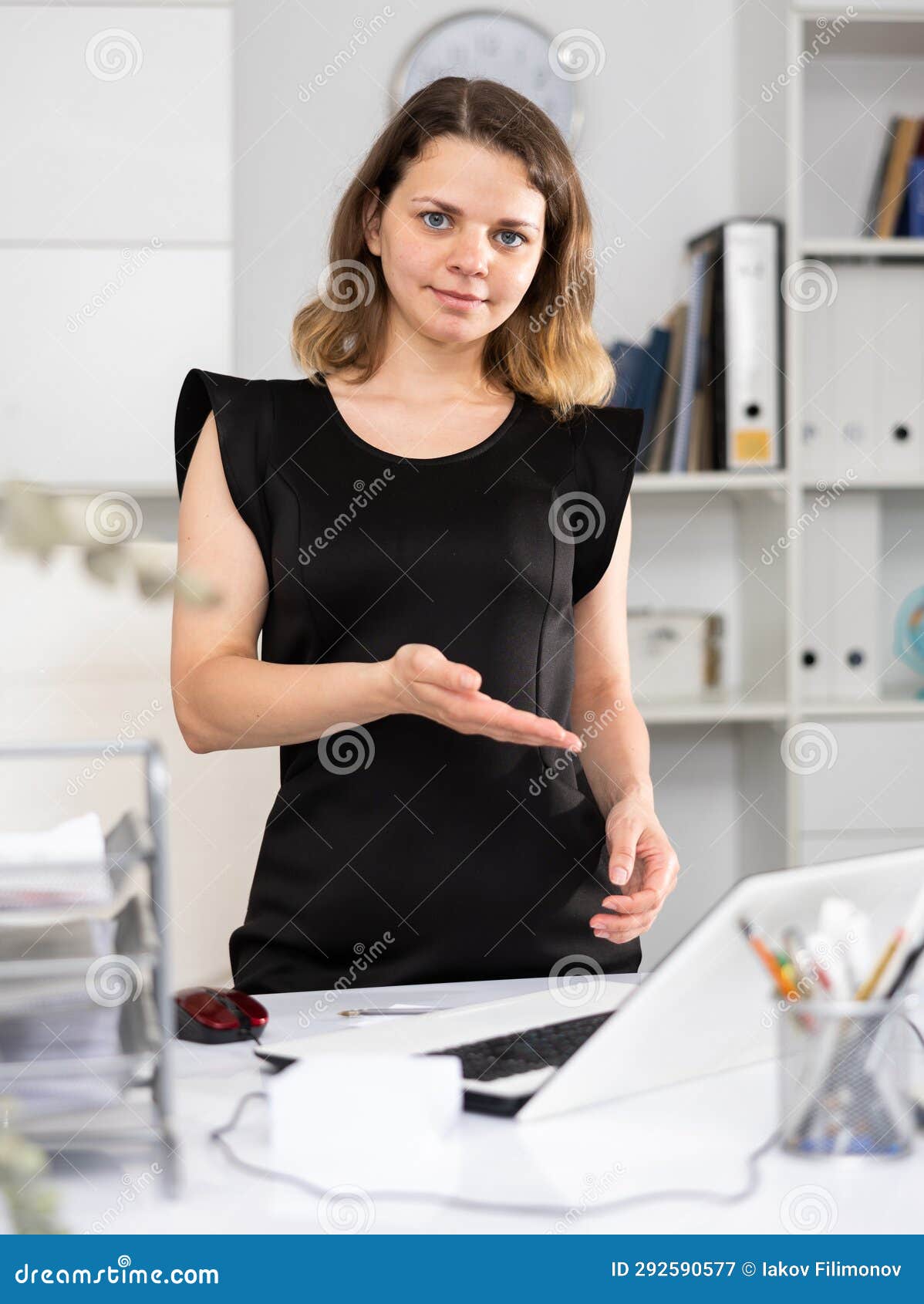 Portrait of Female Manager Making Palm Gesture Stock Image - Image of ...