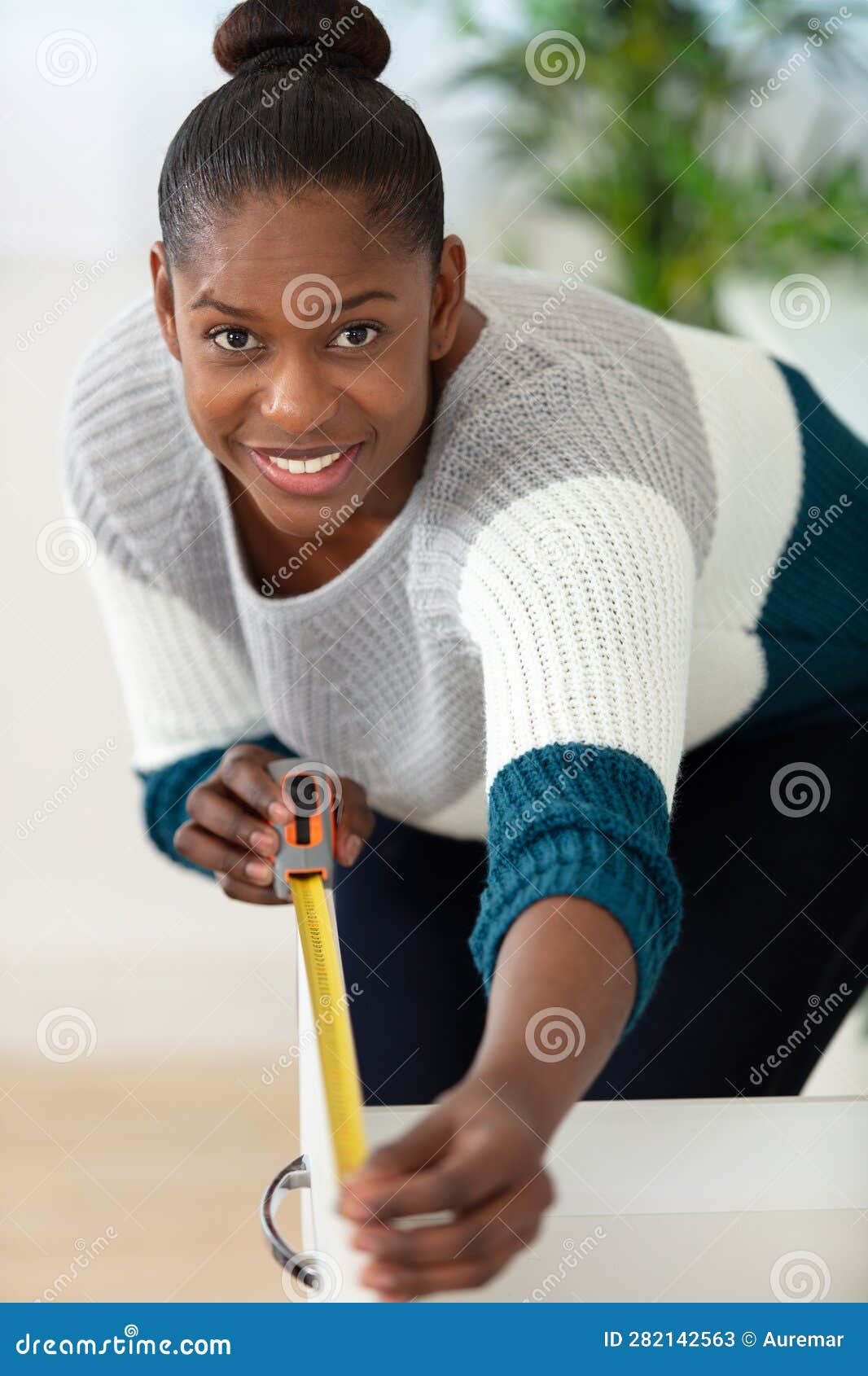 Portrait Female Measuring Drawer at Home Stock Image - Image of cabinet ...