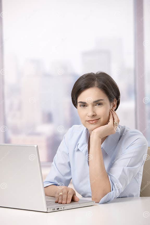 Portrait of Female Office Worker with Computer Stock Image - Image of ...