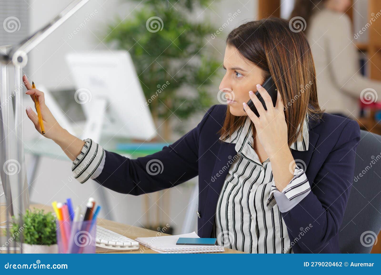 Portrait Female Office Worker on Phone Stock Photo - Image of ...