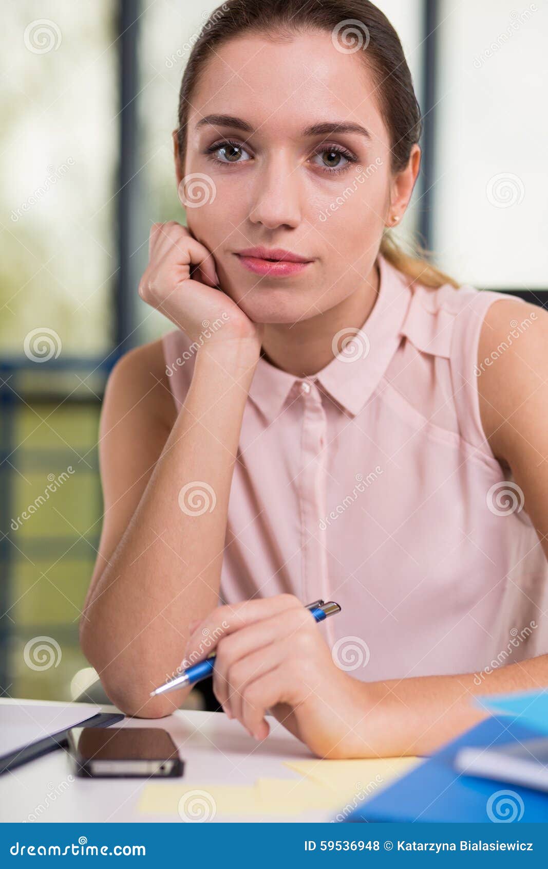 Portrait of Female Office Worker Stock Photo - Image of phone, desk ...