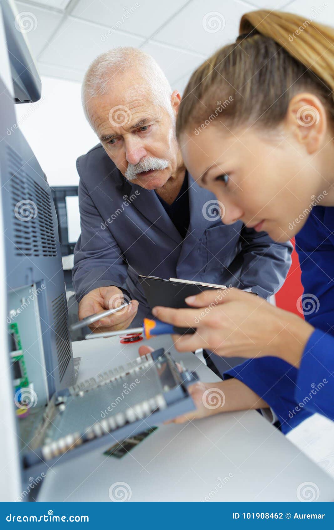 Portrait Female and Pc Repairman Fixing Computer Stock Photo - Image of ...
