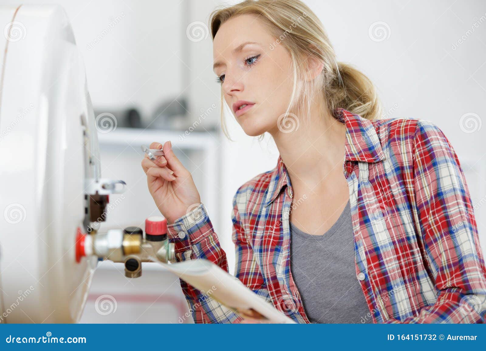 Portrait Female Plumber Working on Central Heating Boiler Stock Photo ...