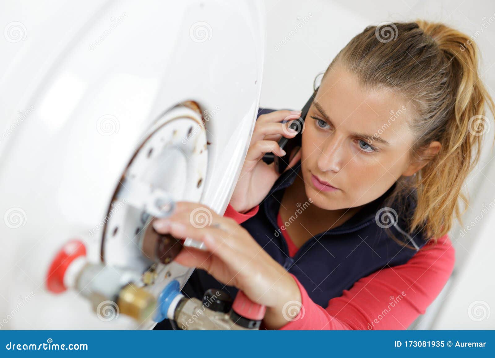 Portrait Female Plumber Working on Central Heating Boiler Stock Image ...