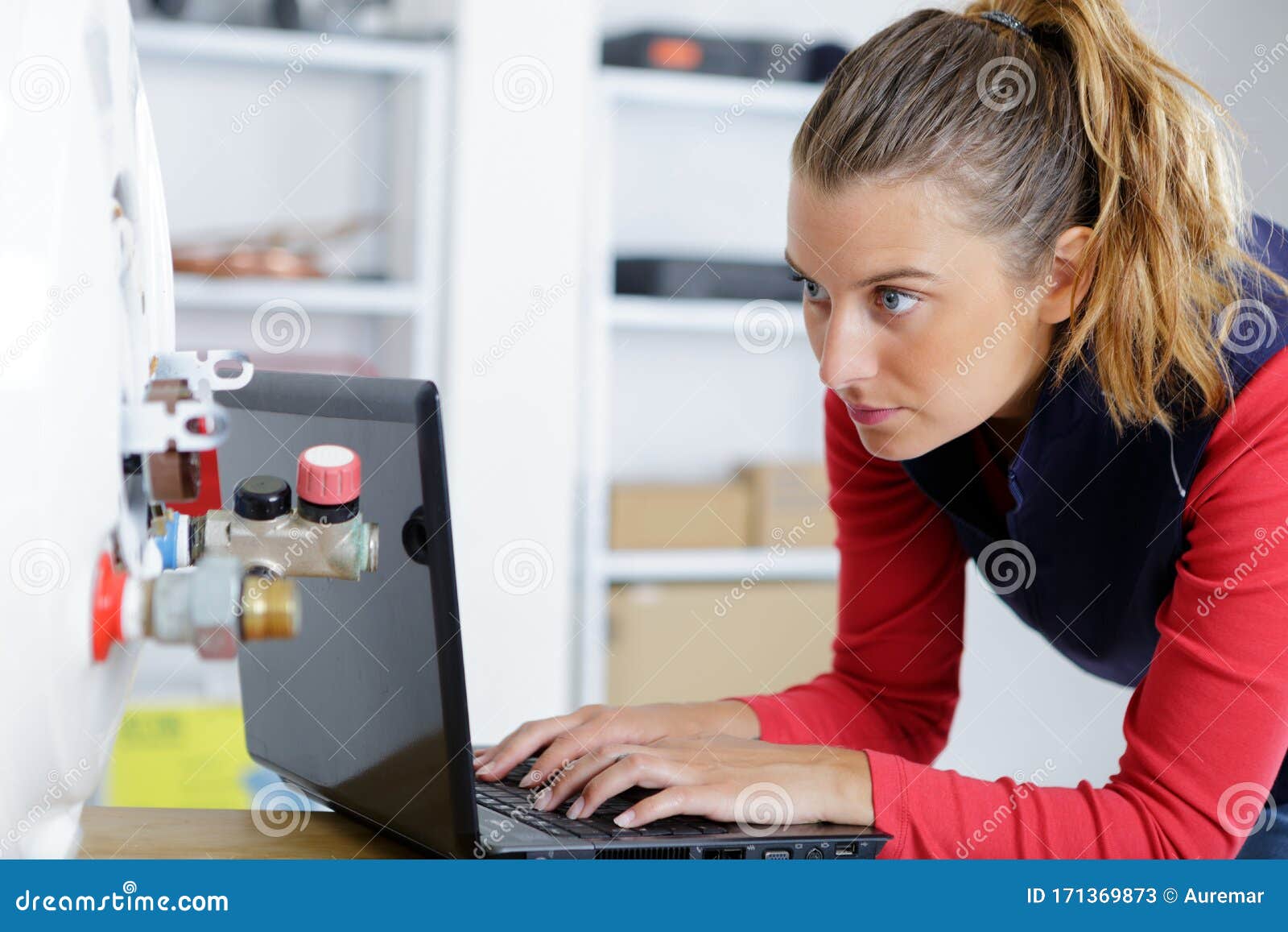 Portrait Female Plumber Working on Computer Stock Image - Image of ...