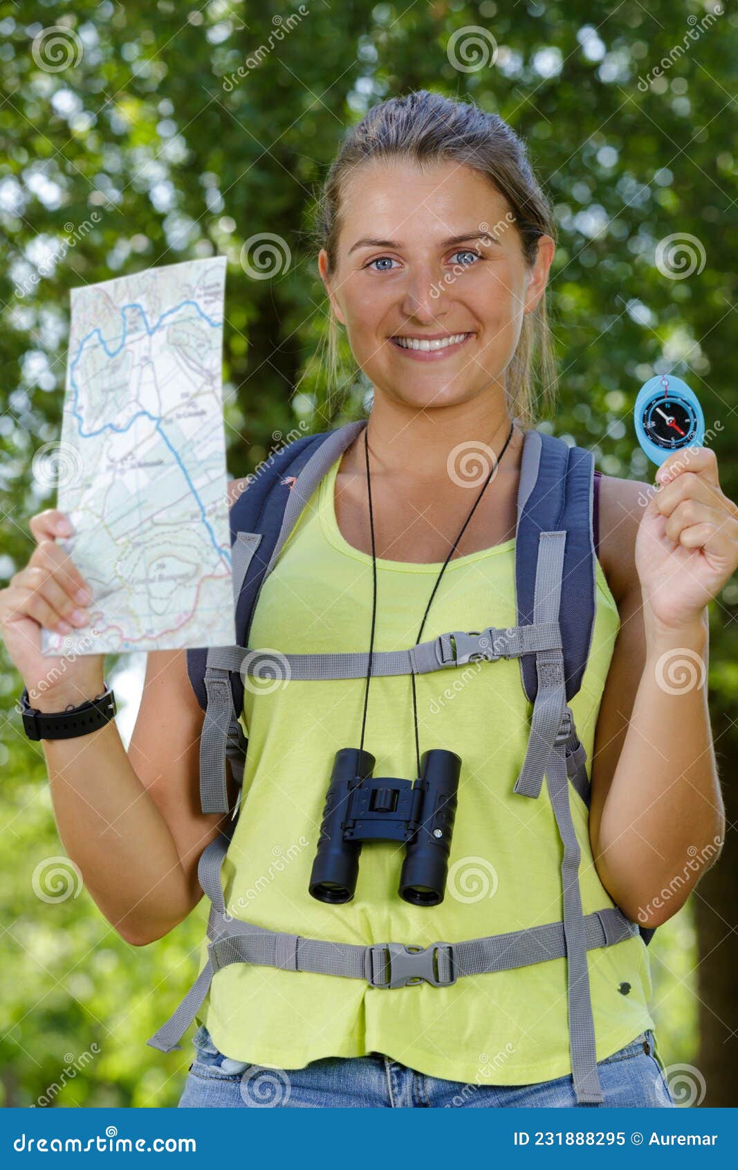 Portrait Female Rambler Holding Compass and Map Stock Image - Image of ...