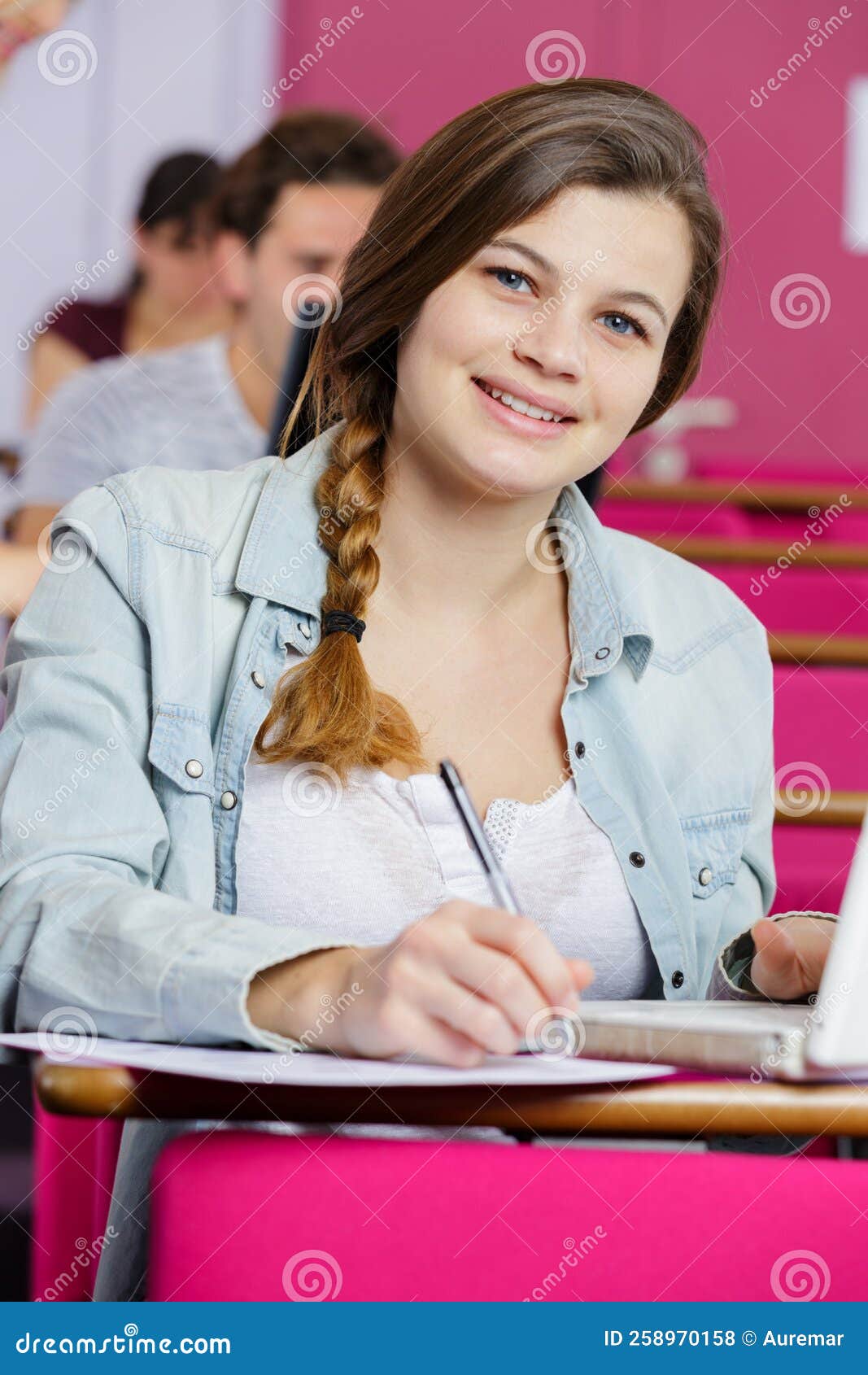 Portrait Female Student with Pen Reading Book Stock Photo - Image of ...