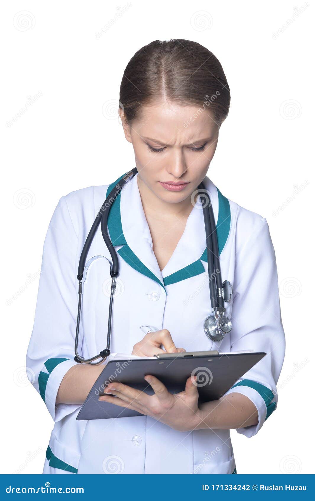 Portrait of Female Thinking Doctor Posing on White Stock Photo - Image ...
