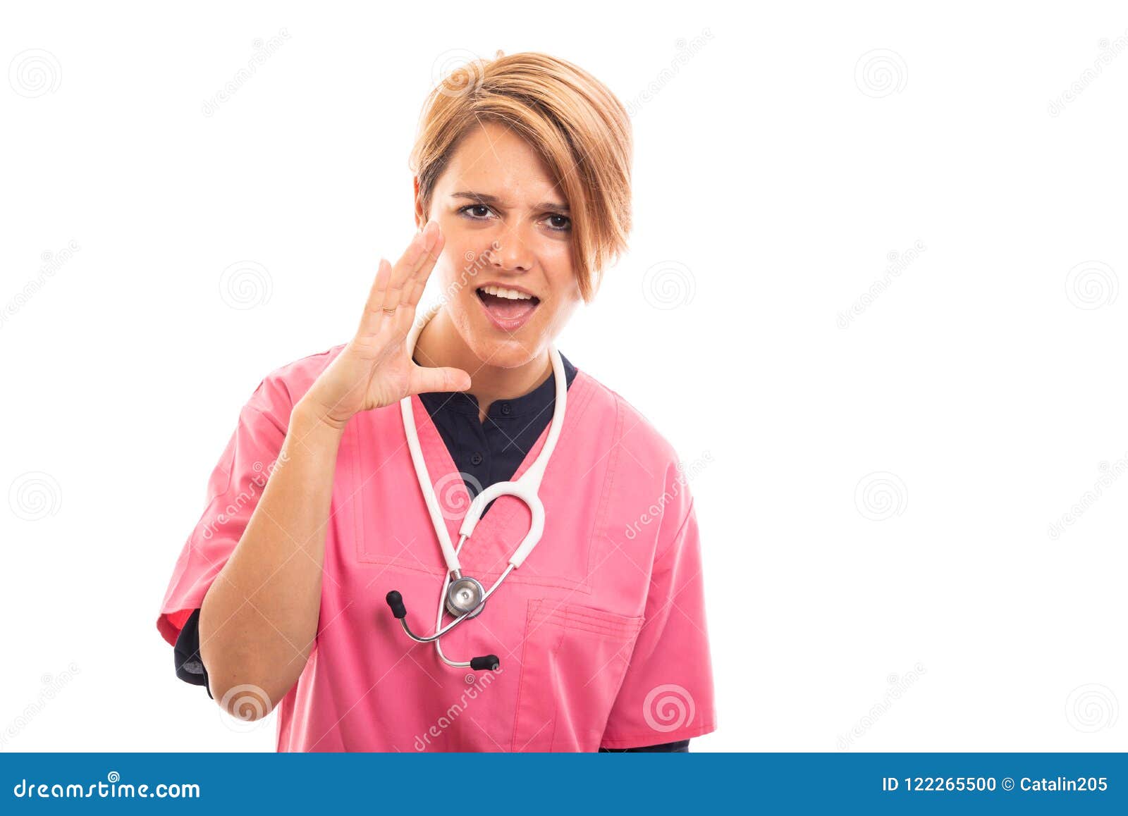 Portrait Of Female Vet Wearing Pink Scrub Showing Screaming Gesture ... Portrait Of Female Vet Wearing Pink Scrub Showing Screaming Gesture ...