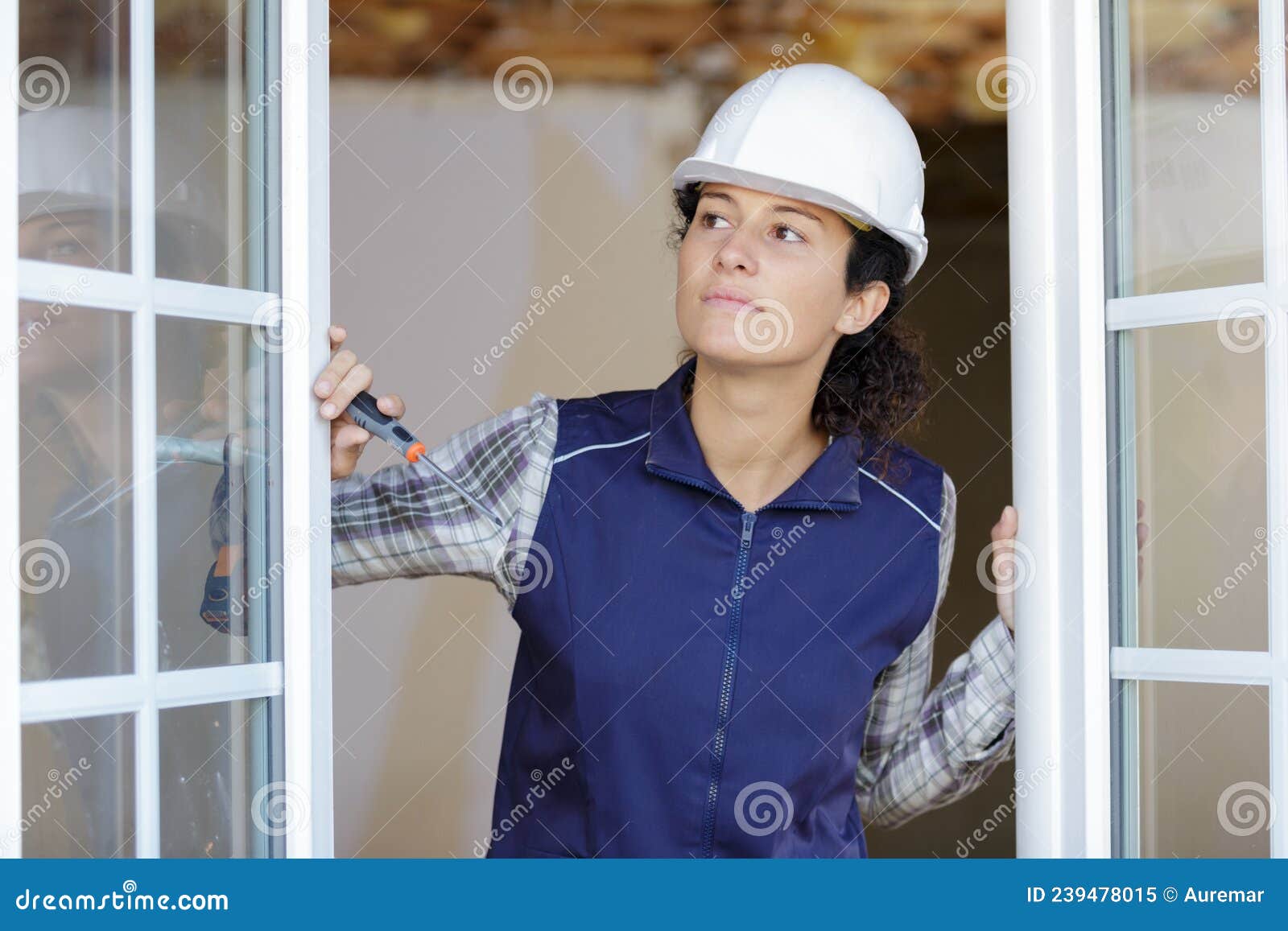 Portrait Female Worker Checking Windows Stock Image - Image of factory ...