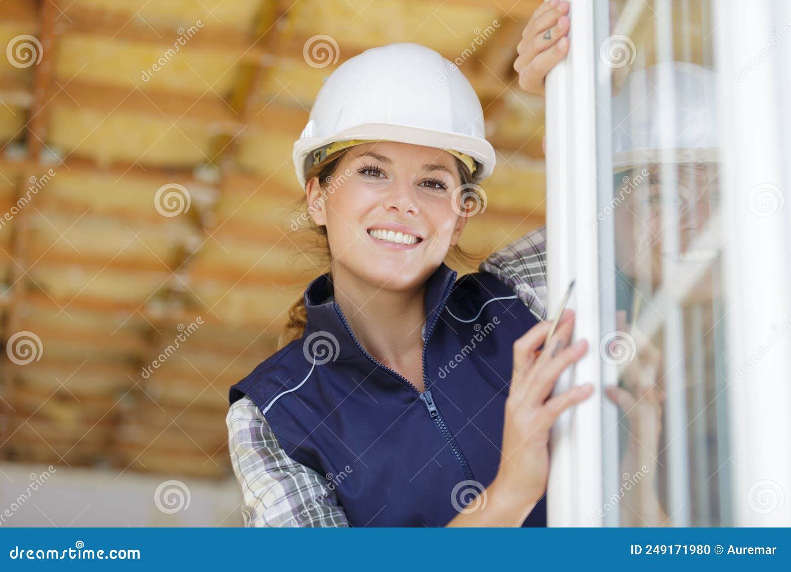 Portrait Female Worker Stood at Open Window Stock Photo - Image of open ...