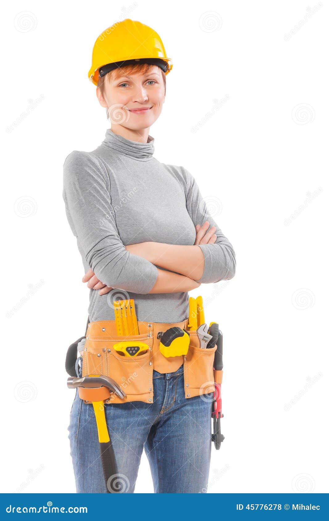 Portrait of a Female Worker with Tools Isolated on White Background ...