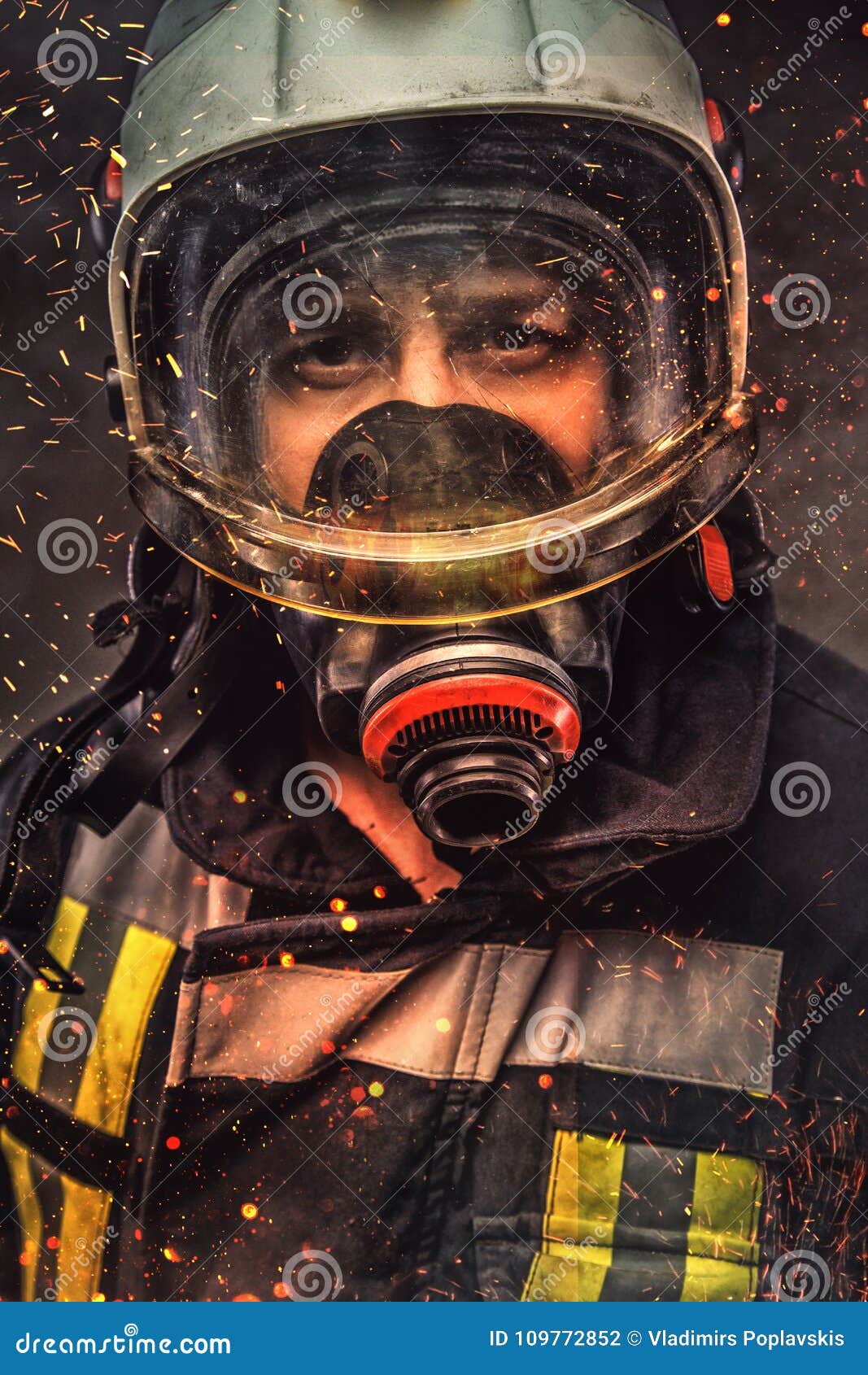 Portrait Of A Firefighter In Safety Helmet And An Oxygen Mask In Dark ...