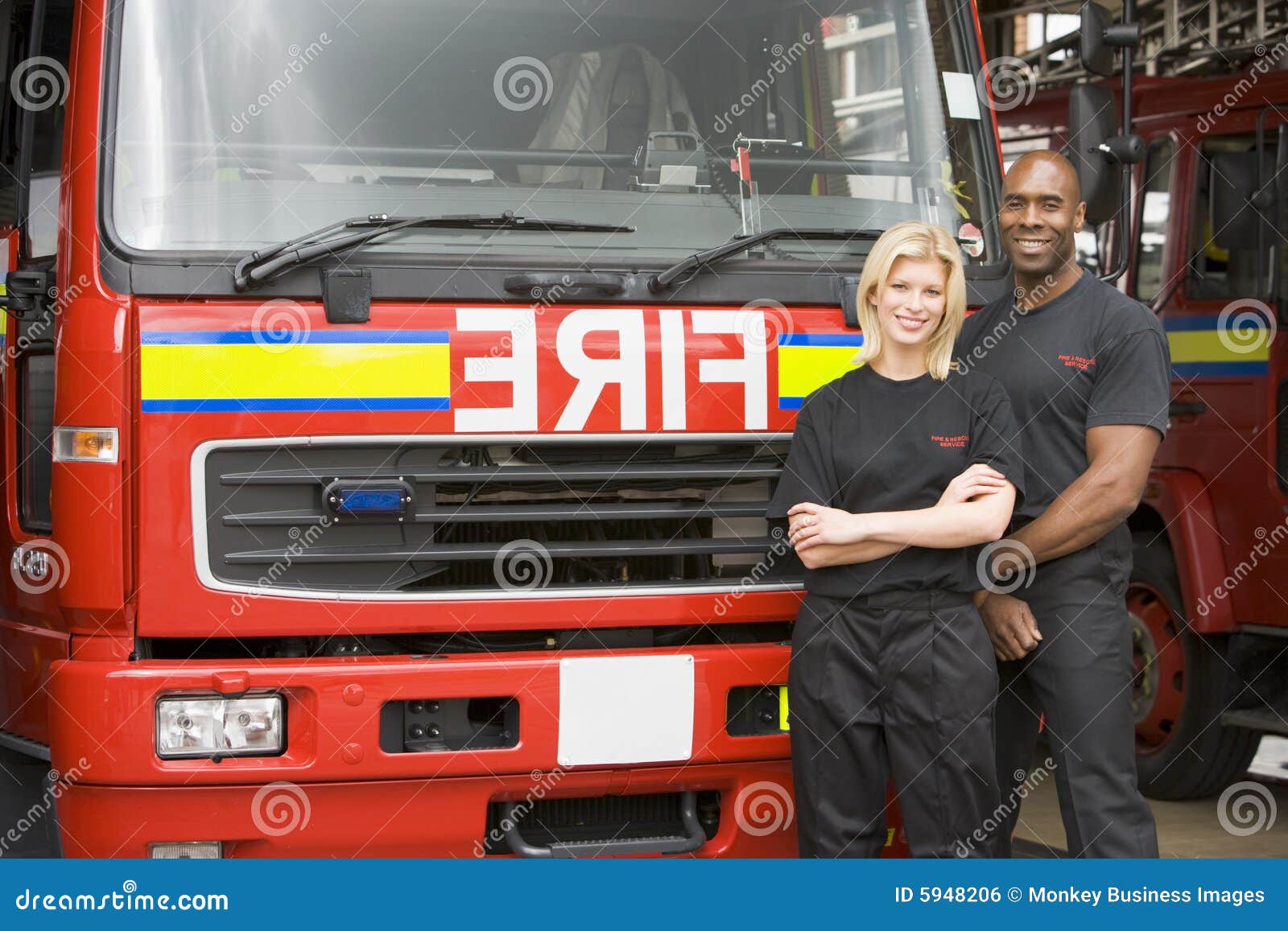 Portrait of Firefighters Standing by a Fire Engine Stock Photo - Image ...
