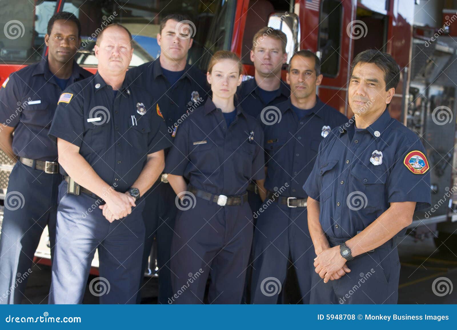Portrait of Firefighters Standing by a Fire Engine Stock Photo - Image ...
