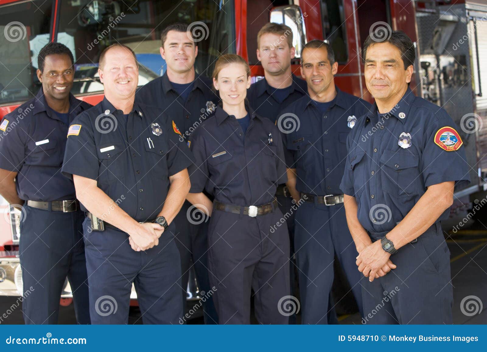 Portrait of Firefighters Standing by a Fire Engine Stock Photo - Image ...