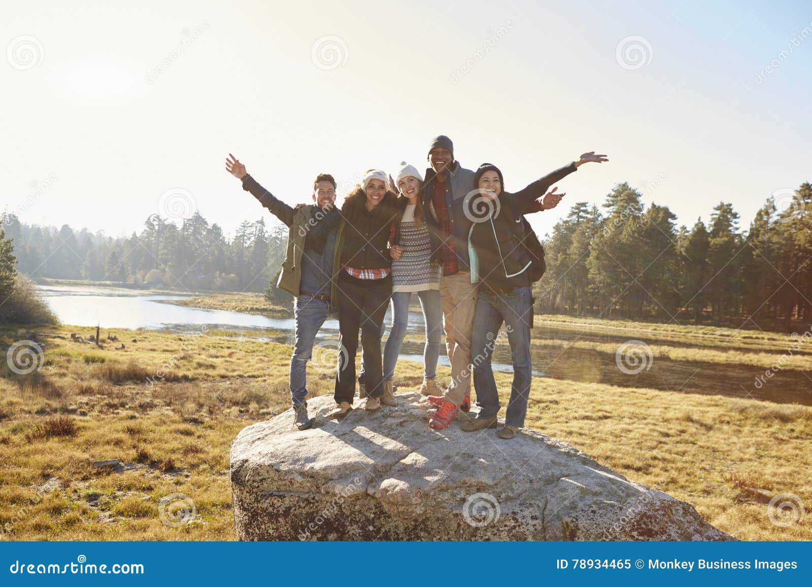 Portrait of Five Friends Standing on a Rock in Countryside Stock Image ...