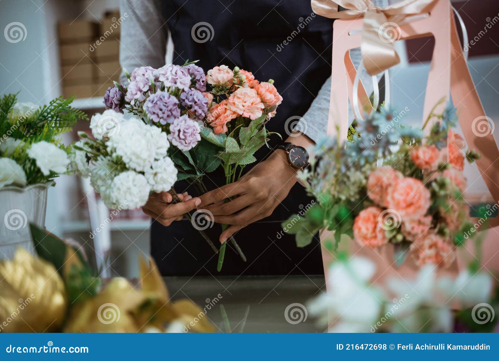 Portrait Florist Preparing a Gift Flower on Table Workspace Stock Photo ...