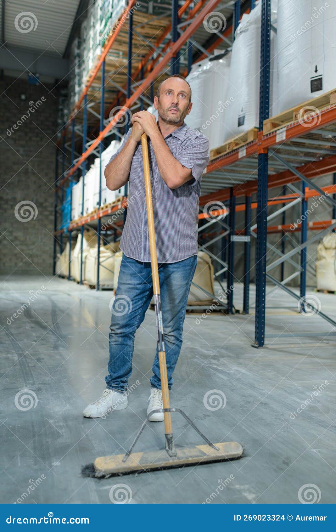 Portrait Focused Man Moping Warehouse Floor Stock Photo - Image of ...