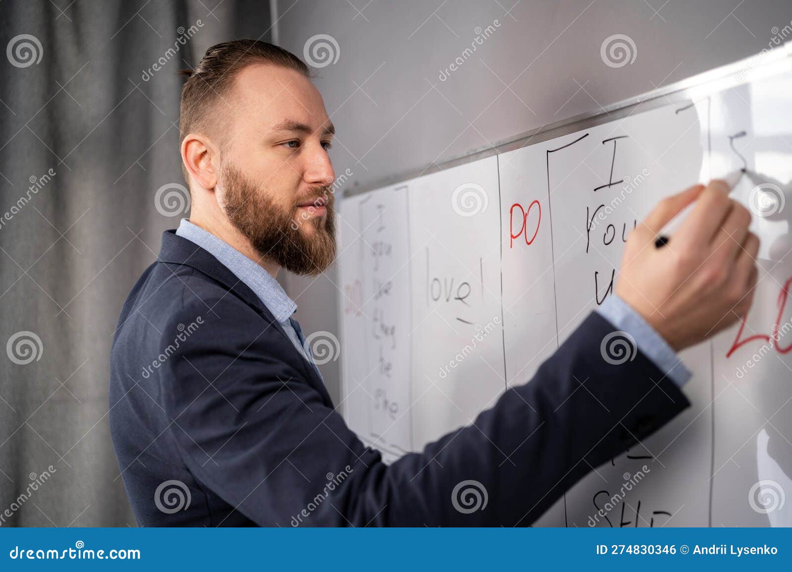 Portrait of Friendly Man Writing on Blackboard English Rules. Education ...
