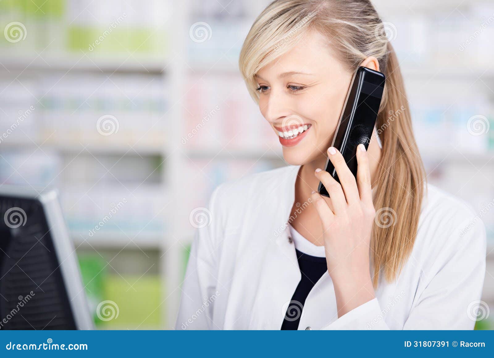 Portrait of a Friendly Pharmacist on the Phone Stock Image - Image of ...