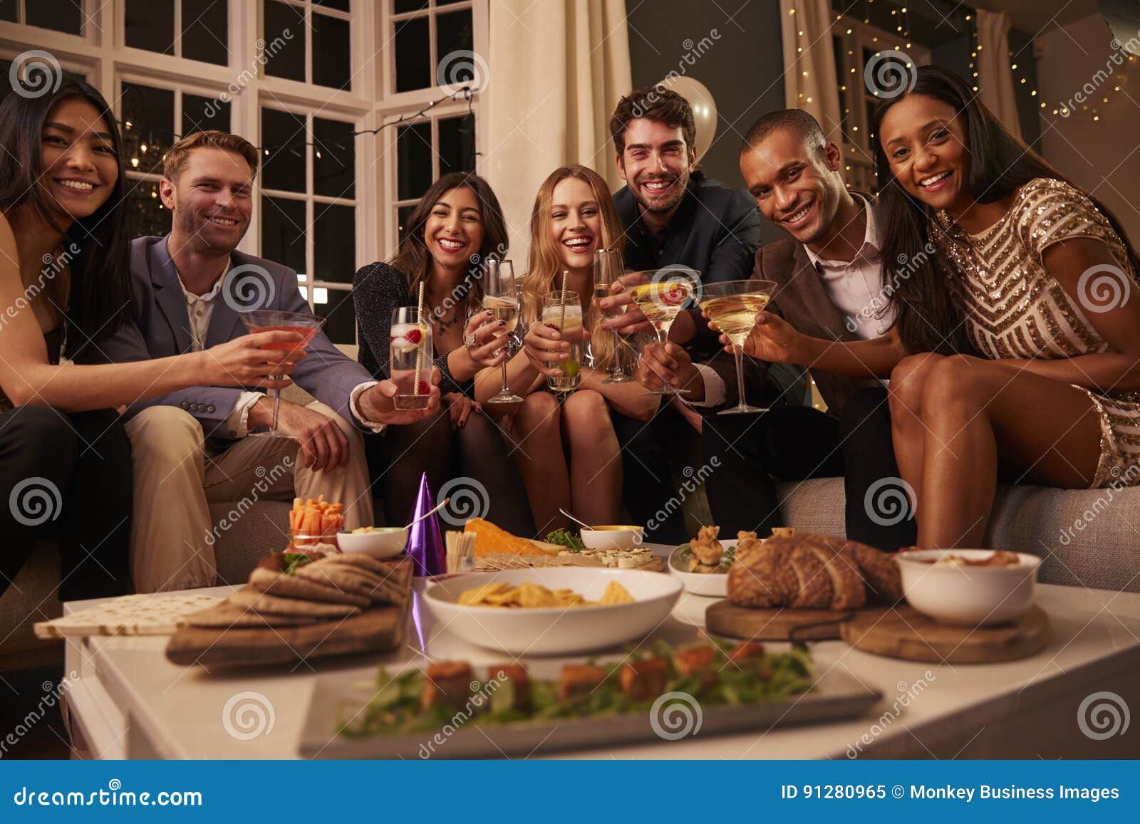 Portrait of Friends with Drinks and Snacks at Party Stock Image - Image ...