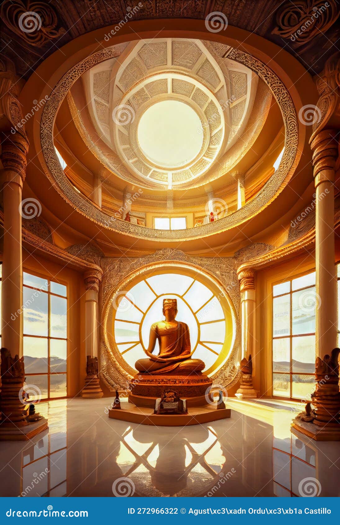 Portrait Front View of Classical Buddha Statue in a Monastery Hall Room ...