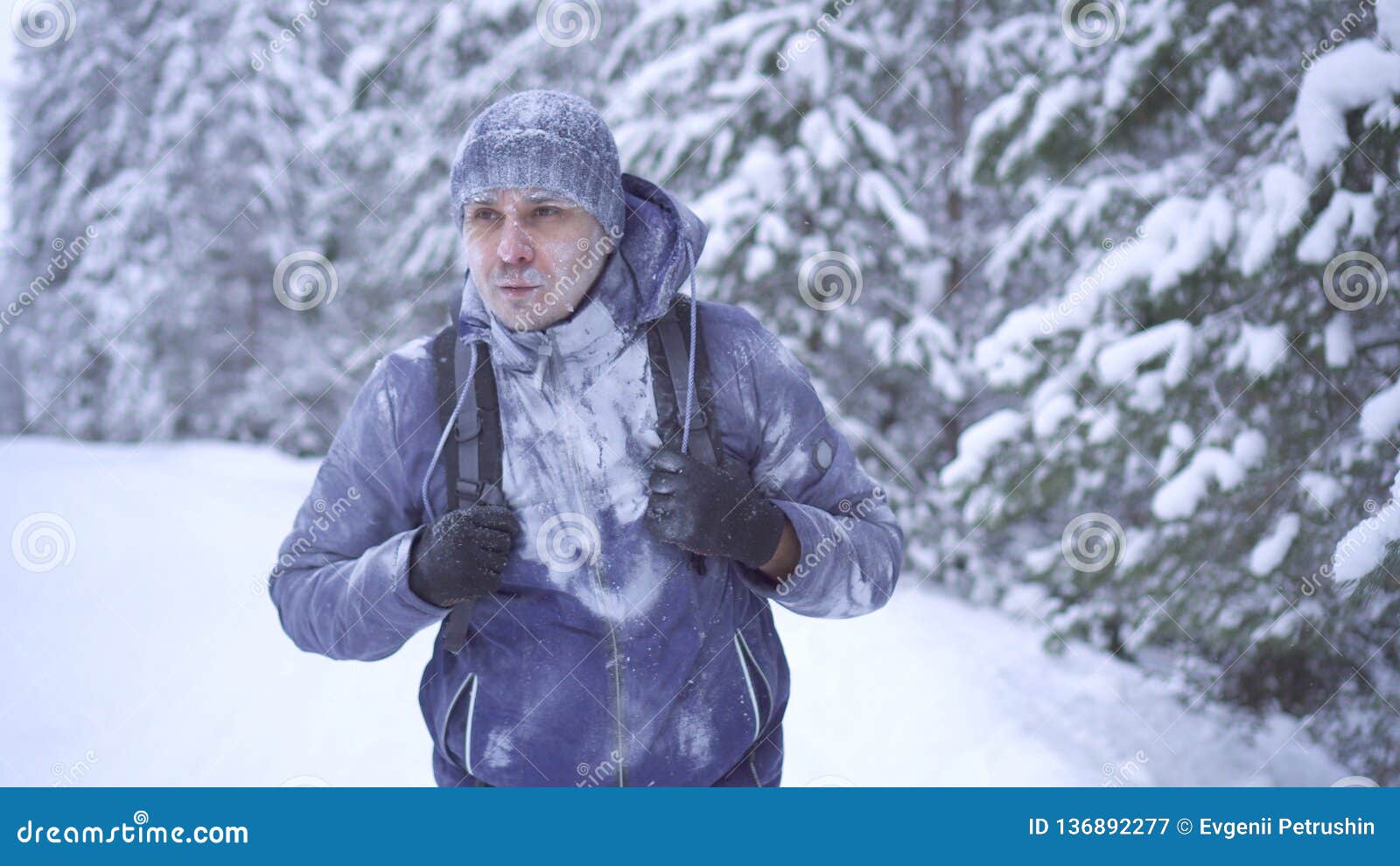Portrait Frozen Man with a Backpack, Covered with Snow in the Winter ...