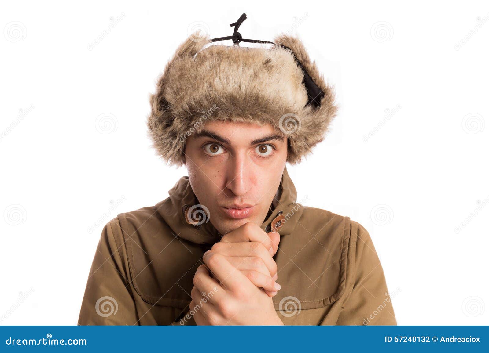 Portrait of Frozen Man with Eskimo Hat, Warm Its Hands Stock Photo ...