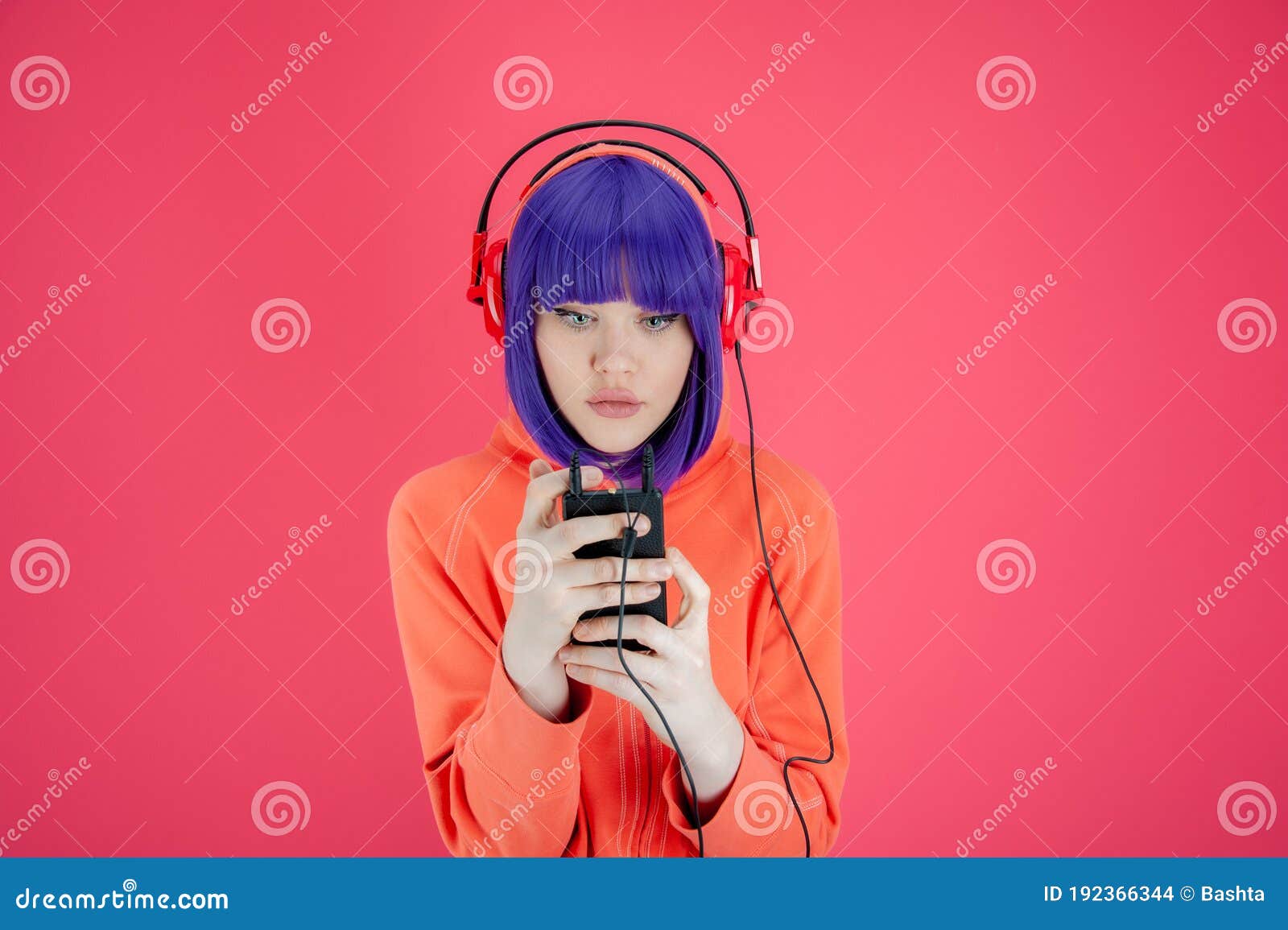 Portrait Funky Beautiful Young Woman With Blue Hair In Hoodie On Bright