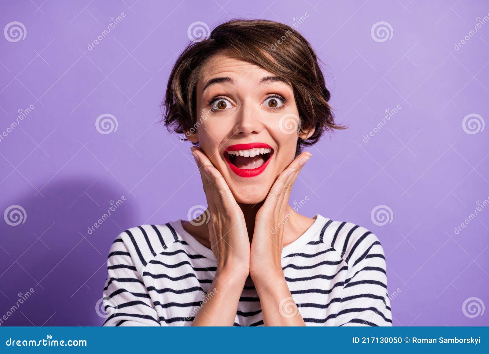 Portrait Of Funky Impressed Short Brunette Hairdo Girl Yelling Hands