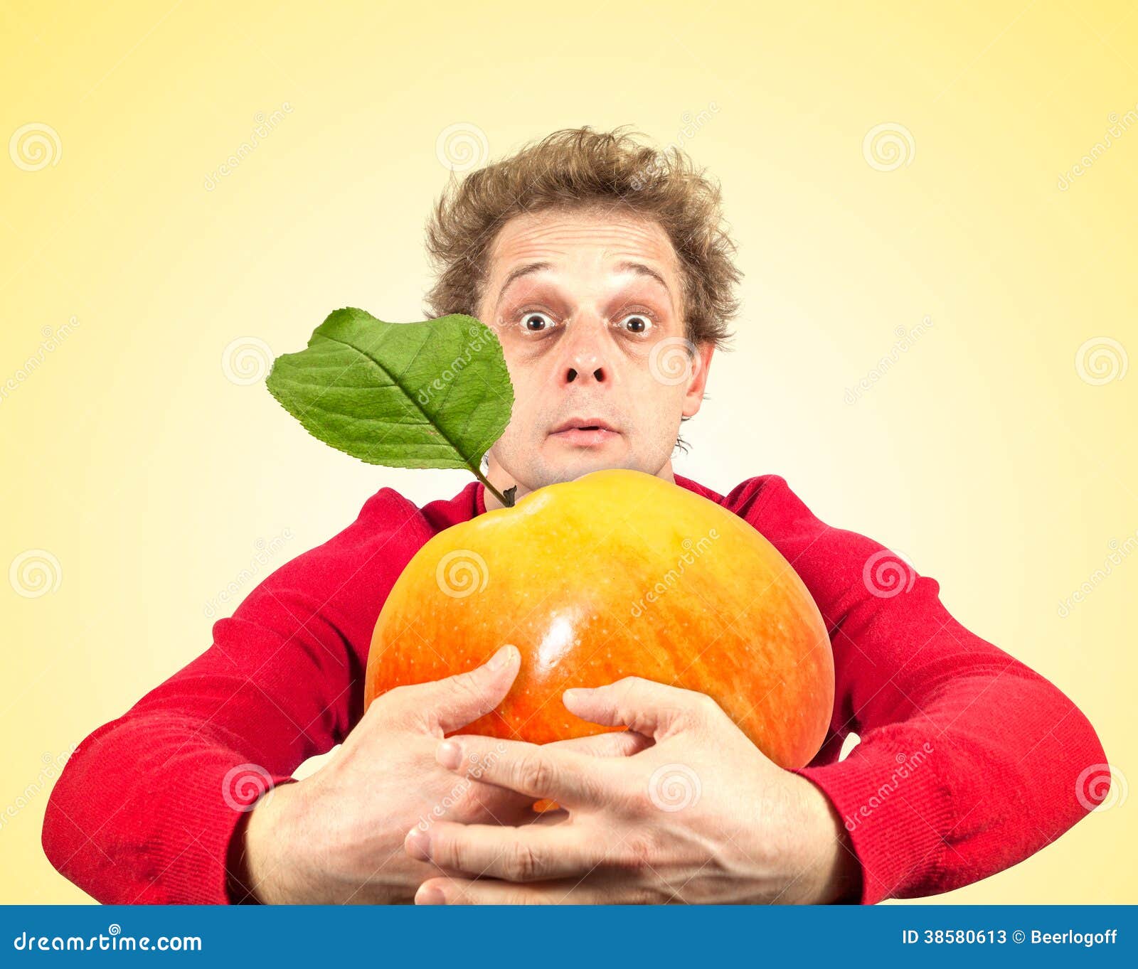 Portrait of Funny Man with Apple Stock Image - Image of background ...