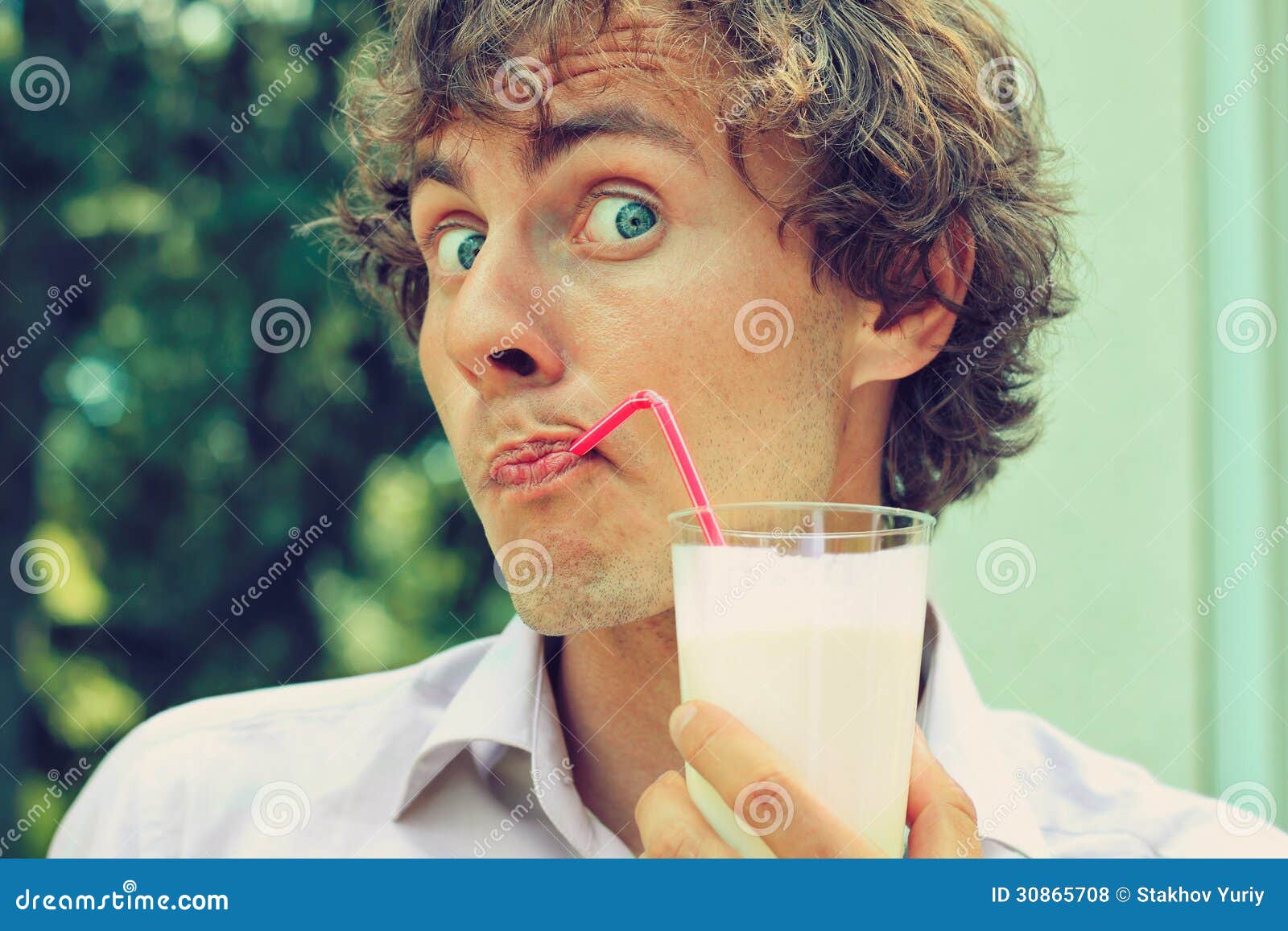 Portrait of Funy Curl Man Drinking through Straw Stock Photo - Image of ...