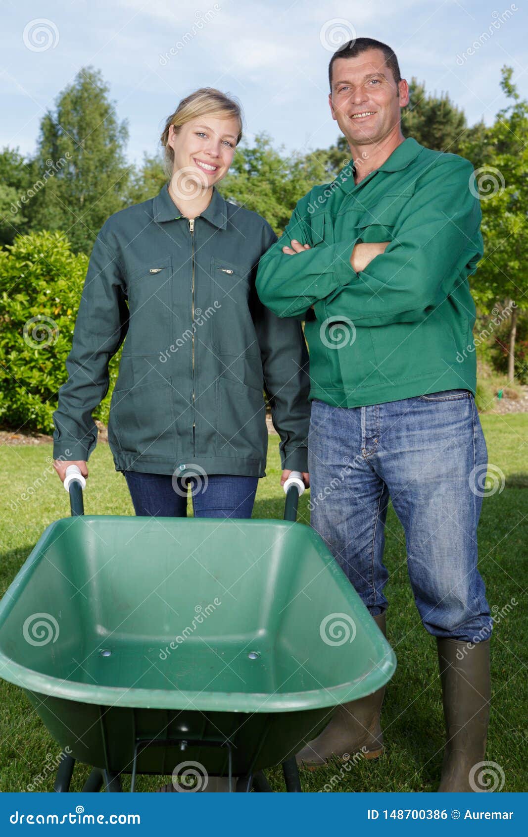 Portrait Gardening Team with Wheelbarrow Stock Photo - Image of team ...