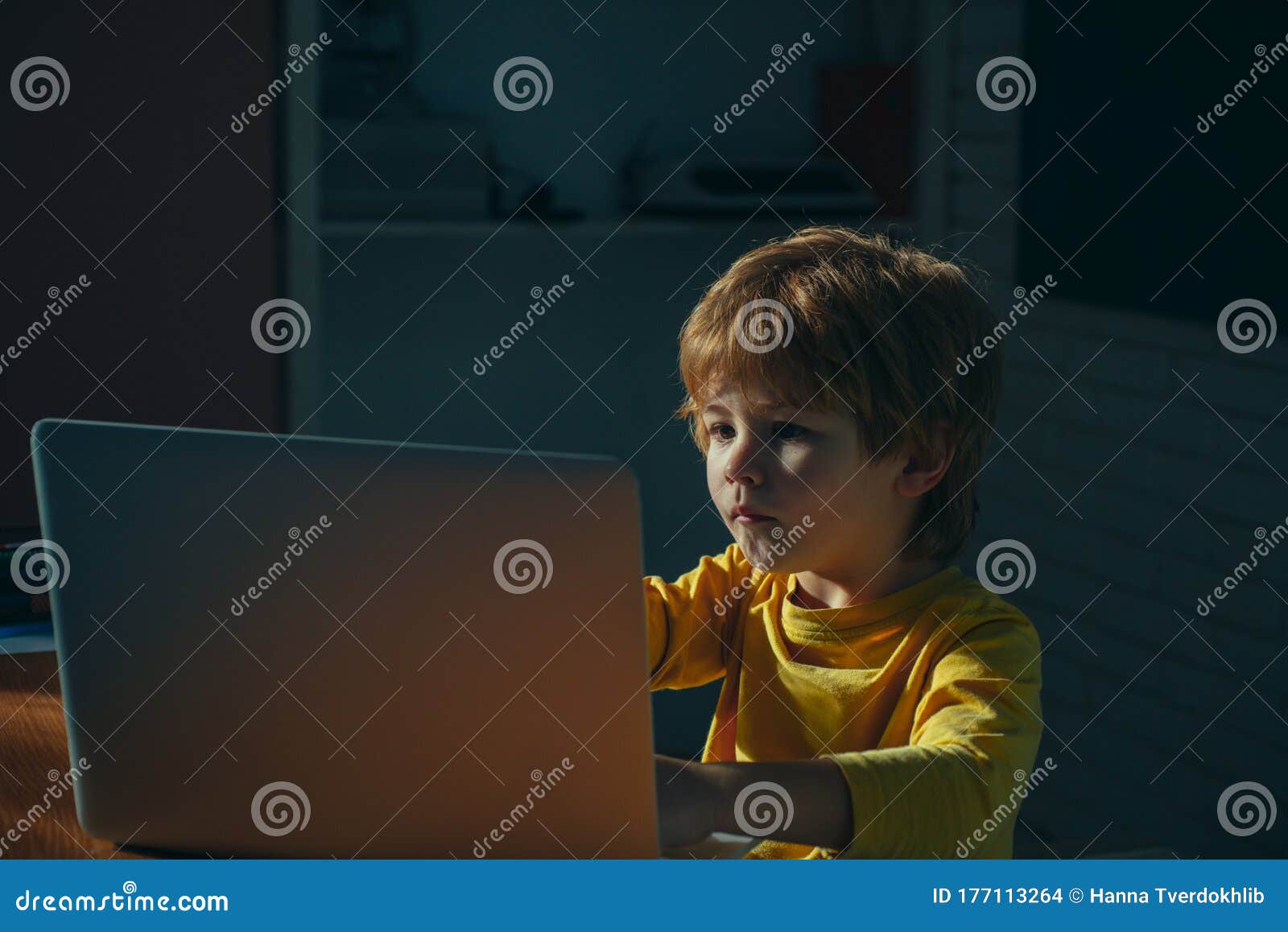 Portrait of Genius. Young Boy Working on the Computer Sitting at the ...