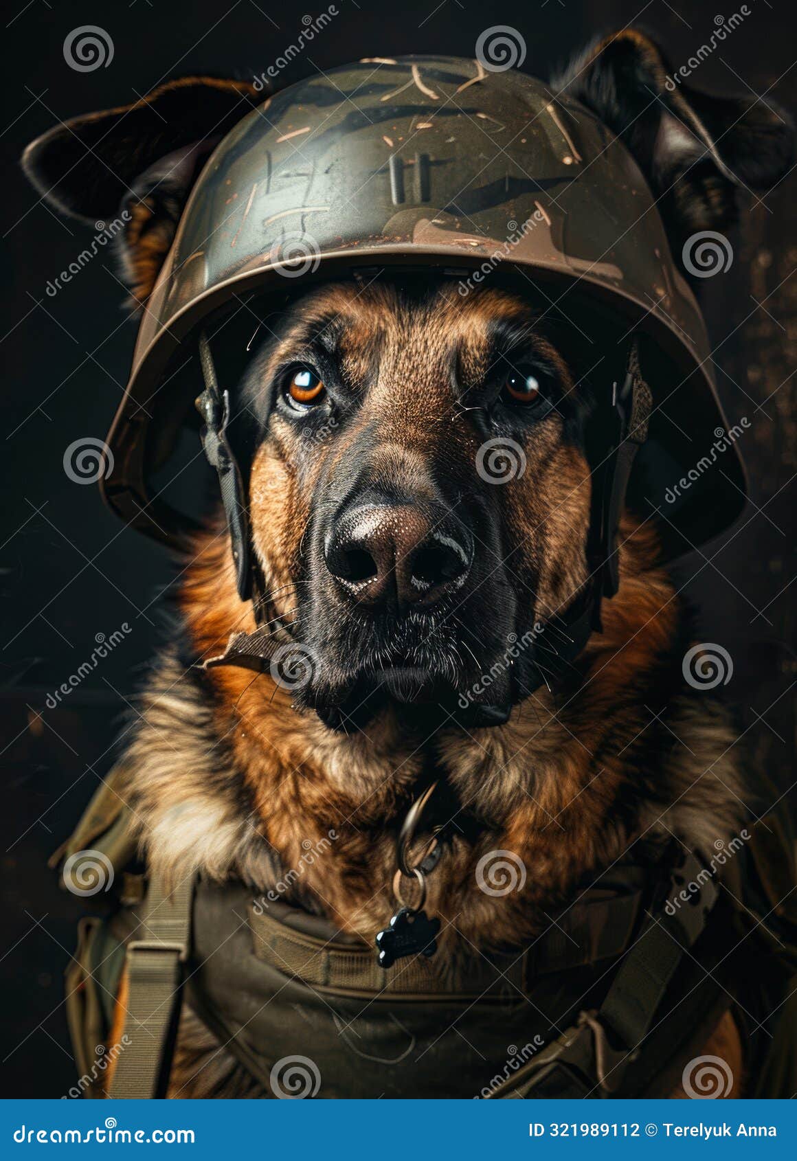 Portrait of German Shepherd in Military Uniform and Helmet Stock Photo ...