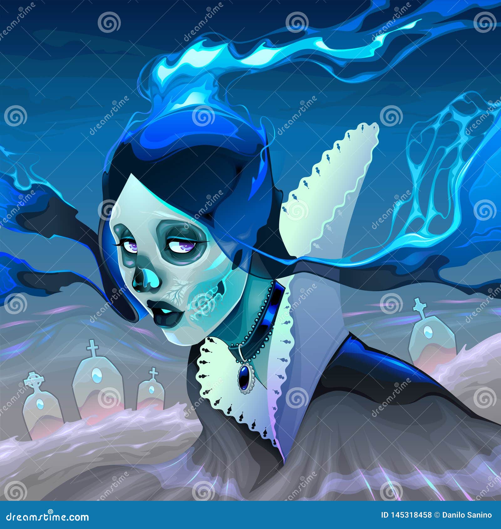 Portrait of a Ghost Girl in the Cemetery Stock Vector - Illustration of ...