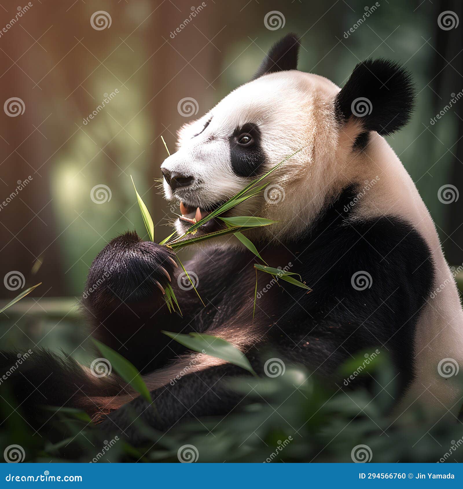 Portrait of Giant Panda Eating Bamboo in Bamboo Forest. Panda Bear ...