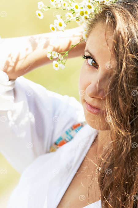 Portrait Of A Girl With Daisies In Her Hair Stock Image Image Of