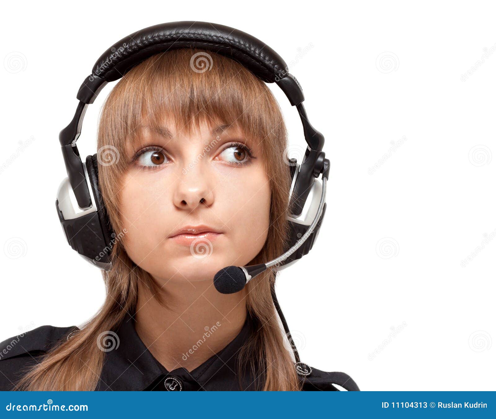 Portrait of the Girl in Earphone with Mike Stock Image - Image of ...