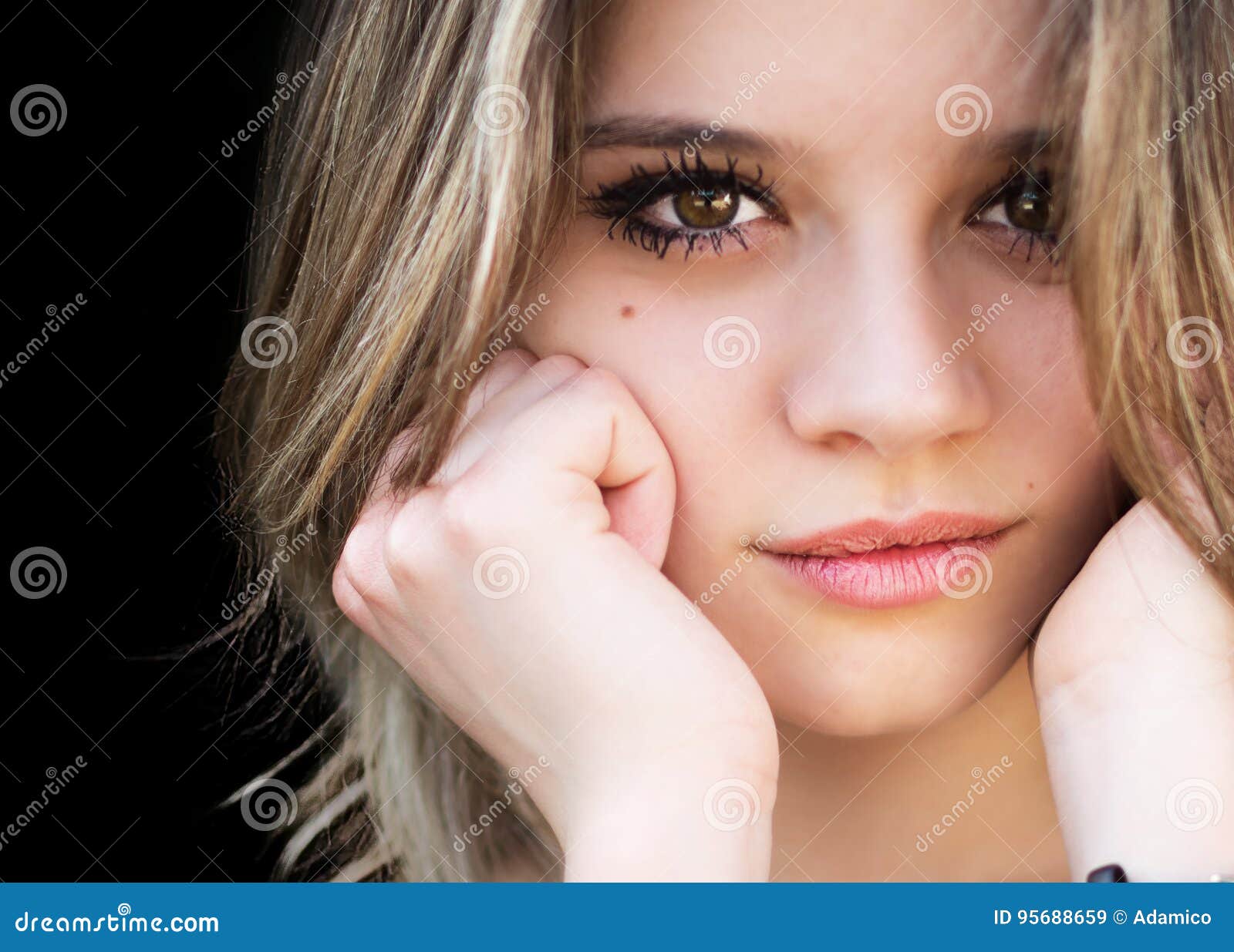 Portrait of Girl with Face in Hands Stock Image - Image of mascara ...