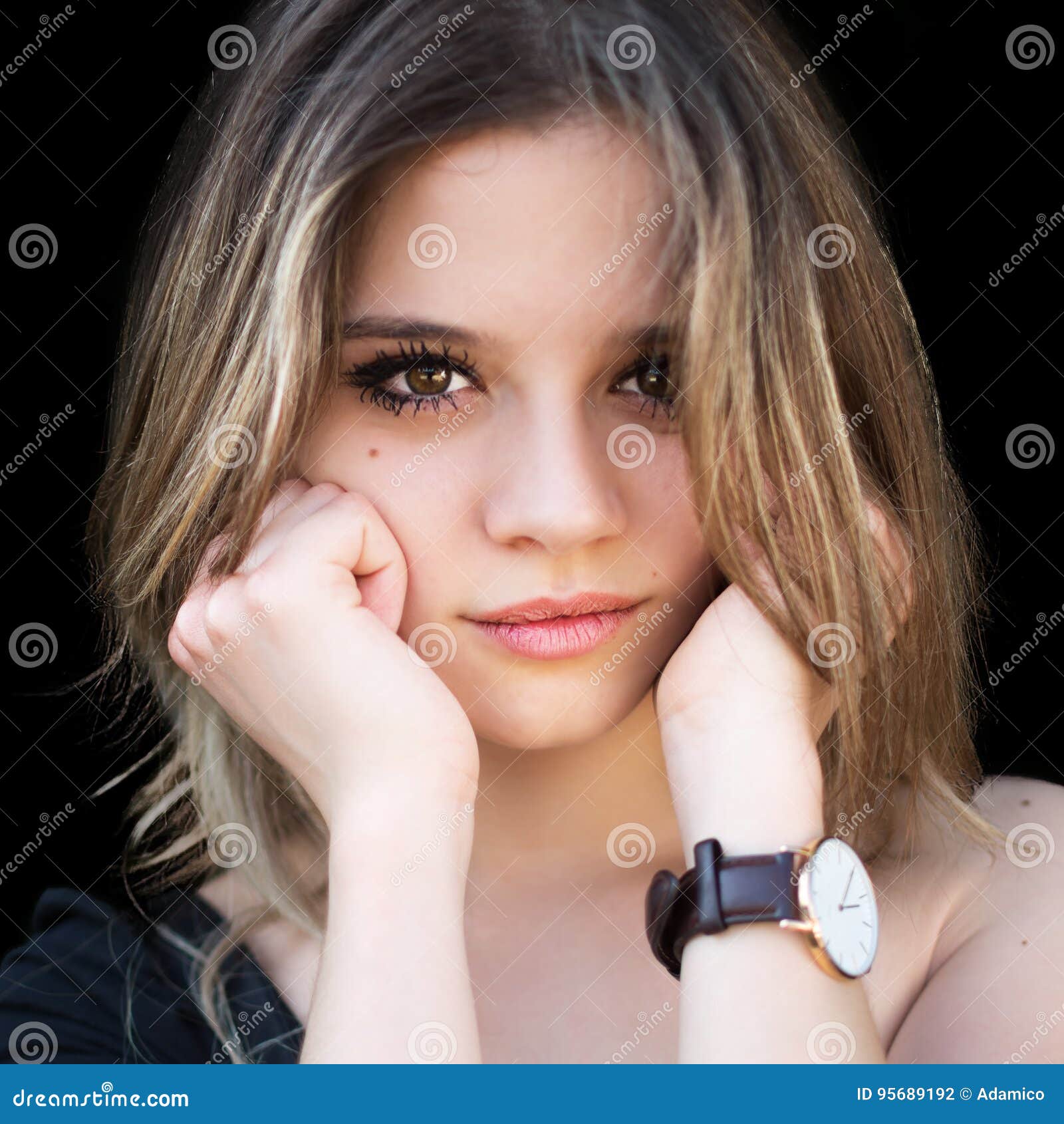 Portrait of Girl with Face in Hands Stock Photo - Image of eyeliner ...