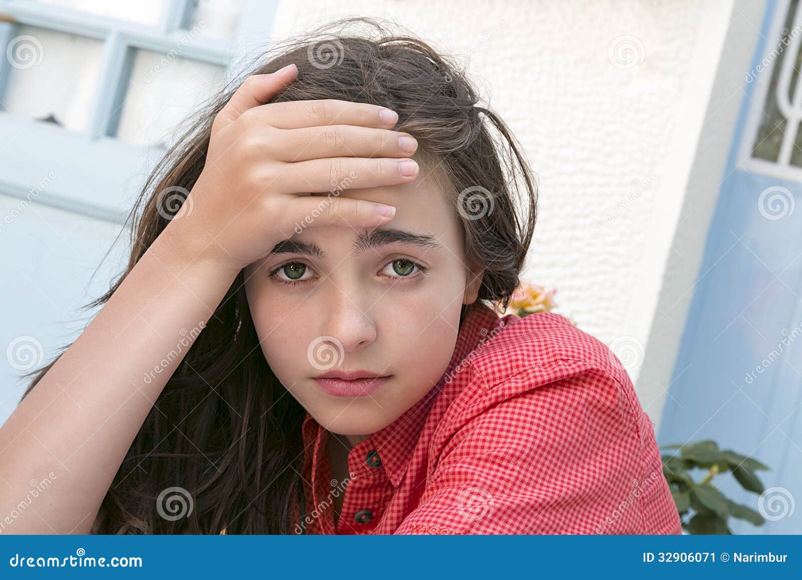 Portrait of a Girl Holding Here Forehead Stock Image - Image of ...
