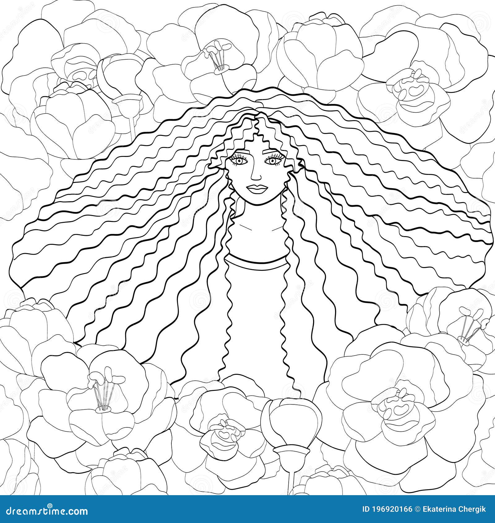 Portrait Of A Girl With Long Curly Hair And Flowers Black Outline On
